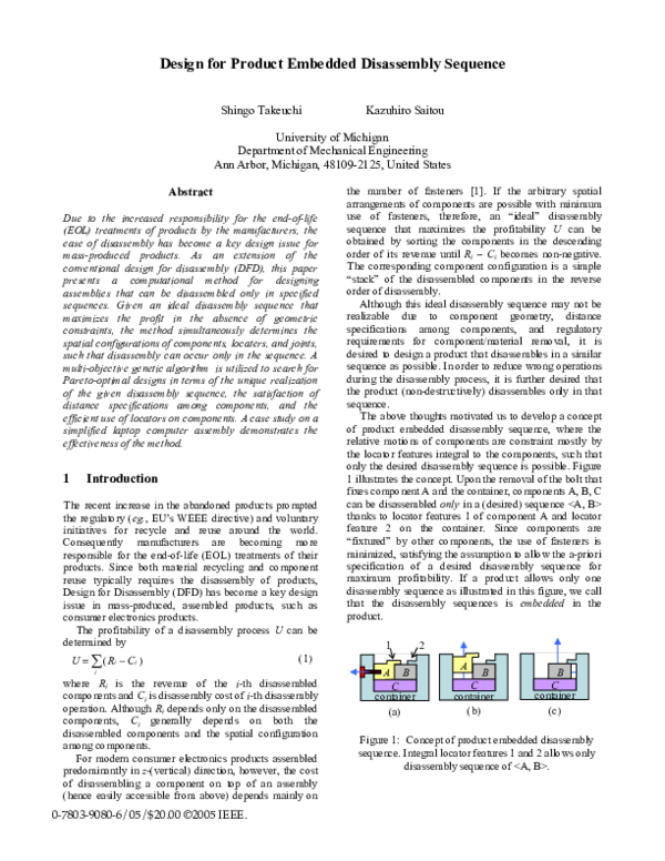 (PDF) Design for product embedded disassembly sequence