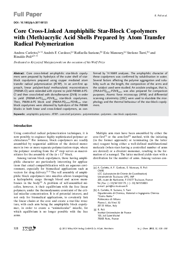 (PDF) Core Cross-Linked Amphiphilic Star-Block Copolymers with (Meth)acrylic Acid Shells ...
