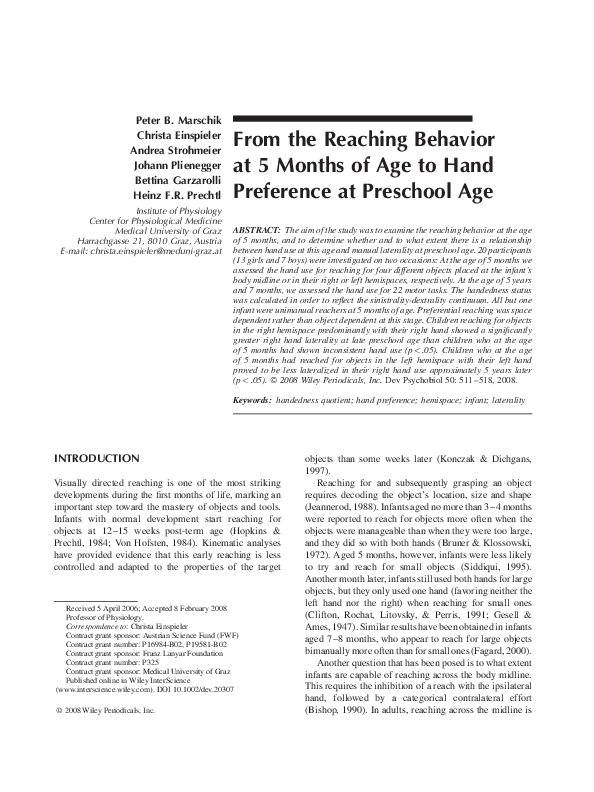 (PDF) From the reaching behavior at 5 months of age to hand preference ...