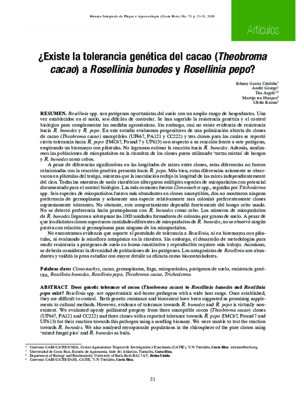 (PDF) Existe la tolerancia genética del cacao (Theobroma cacao) a ...
