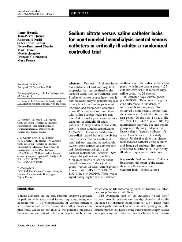 (PDF) Sodium citrate versus saline catheter locks for non-tunneled ...