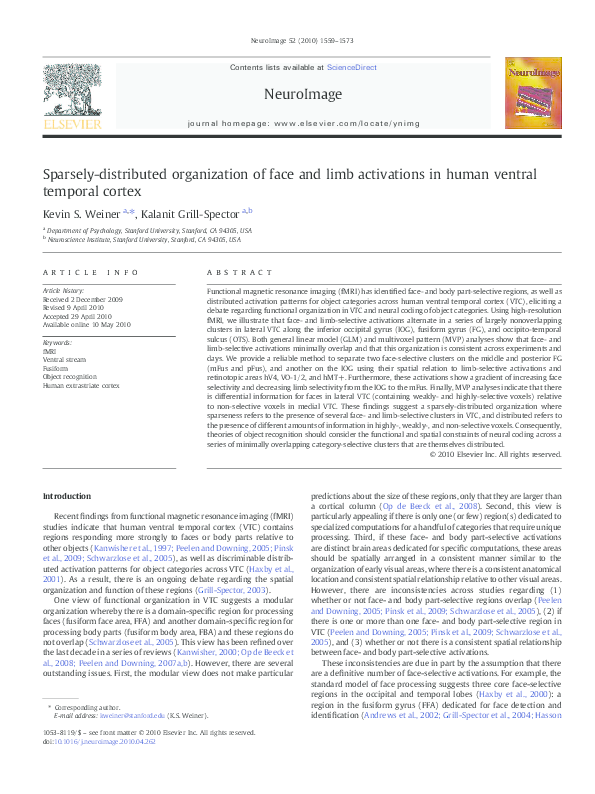 (PDF) Neural representations of faces and limbs neighbor in human high-level visual cortex ...