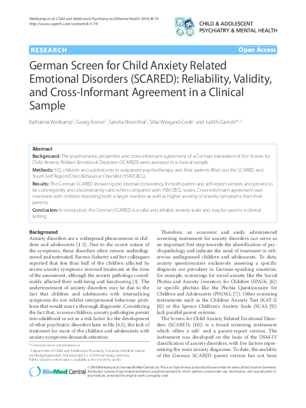 (PDF) German Screen for Child Anxiety Related Emotional Disorders (SCARED): reliability ...
