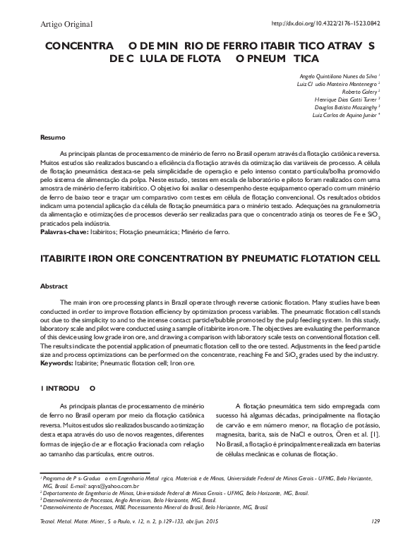 (PDF) ITABIRITE IRON ORE CONCENTRATION BY PNEUMATIC FLOTATION CELL