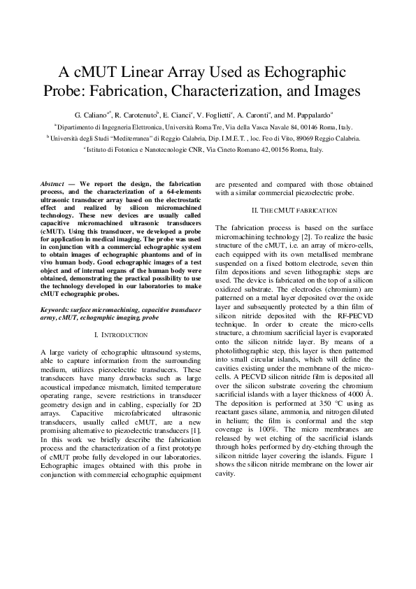 (PDF) A cMUT linear array used as echographic probe: fabrication, characterization, and images