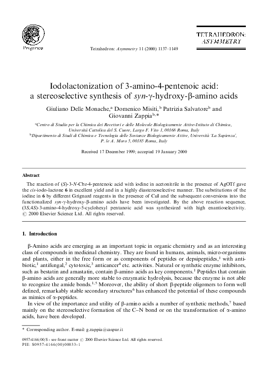 (PDF) Iodolactonization of 3-amino-4-pentenoic acid: a stereoselective ...