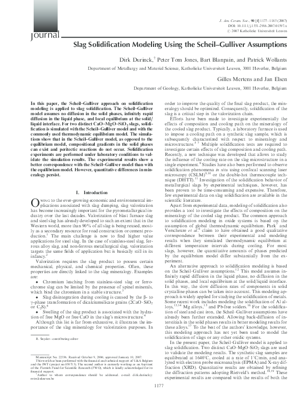 (PDF) Slag Solidification Modeling Using the Scheil?Gulliver Assumptions