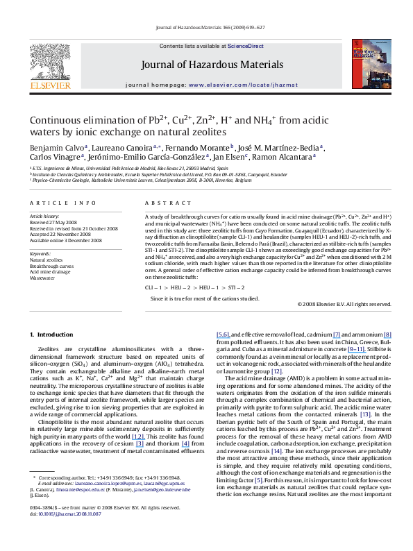 (PDF) Continuous elimination of Pb2+, Cu2+, Zn2+, H+ and NH4+ from acidic waters by ionic ...
