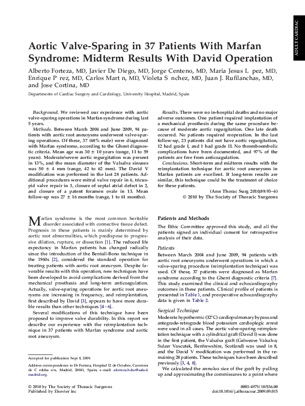 (PDF) Aortic Valve-Sparing in 37 Patients With Marfan Syndrome: Midterm ...