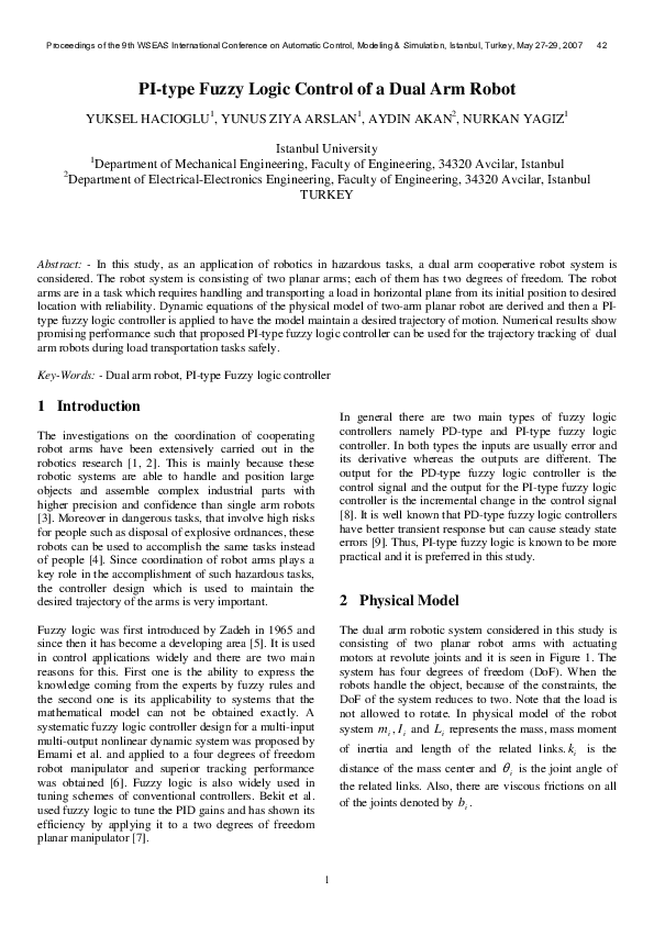 Pdf Pi Type Fuzzy Logic Control Of A Dual Arm Robot