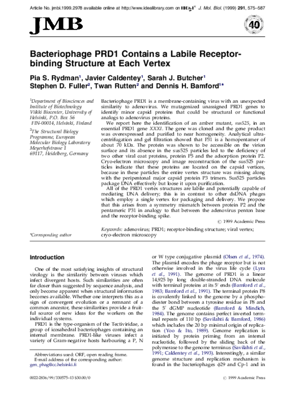 (PDF) Bacteriophage PRD1 contains a labile receptor-binding structure ...