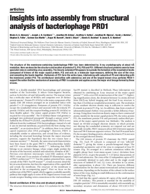 (PDF) Insights into assembly from structural analysis of bacteriophage PRD1