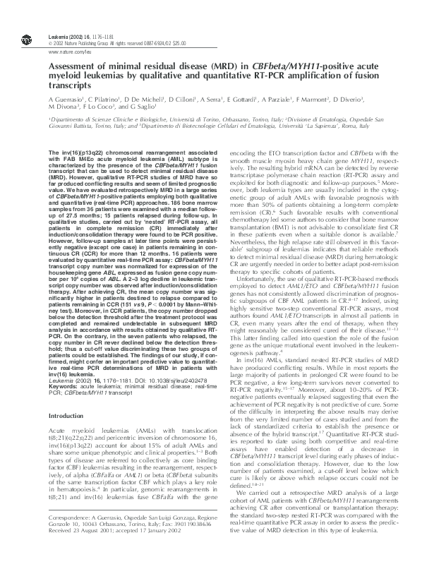 (PDF) Assessment of minimal residual disease (MRD) in CBFbeta/MYH11 ...