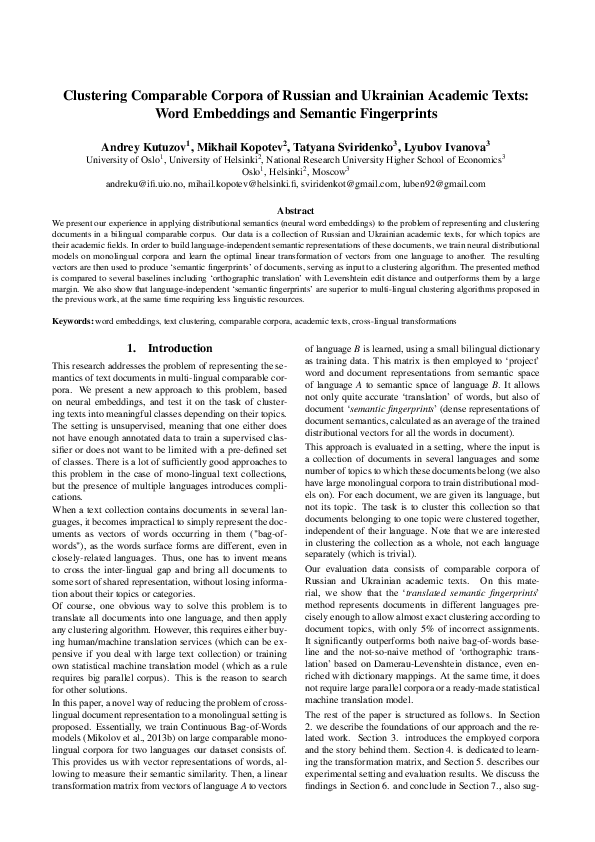 (PDF) Clustering Comparable Corpora of Russian and Ukrainian Academic Texts: Word Embeddings and ...