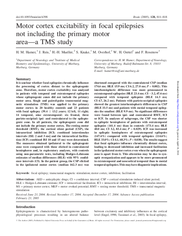 (PDF) Motor cortex excitability in focal epilepsies not including the ...