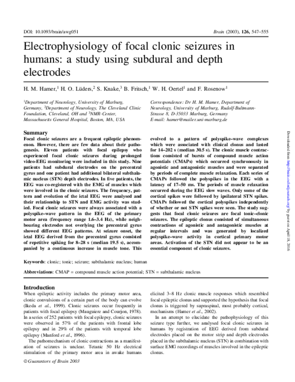 (PDF) Electrophysiology of focal clonic seizures in humans: a study ...