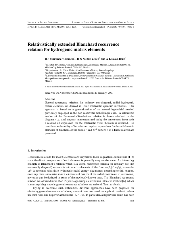 (PDF) Relativistically extended Blanchard recurrence relation for hydrogenic matrix elements