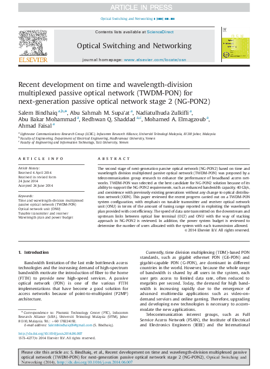 (PDF) Recent development on time and wavelength-division multiplexed passive optical network ...