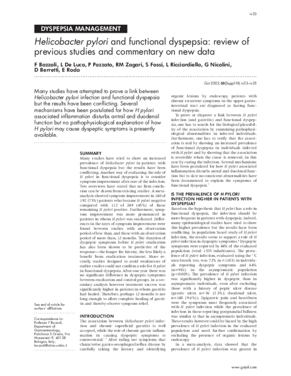 (PDF) Helicobacter pylori and functional dyspepsia: an unsolved issue?