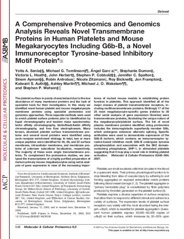 (PDF) A Comprehensive Proteomics and Genomics Analysis Reveals Novel Transmembrane Proteins in ...