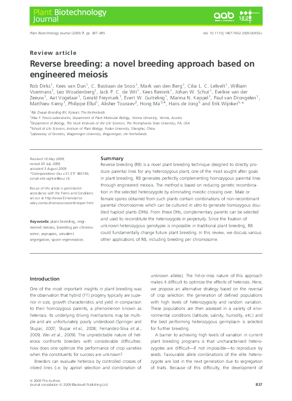 (PDF) Reverse breeding: a novel breeding approach based on engineered ...