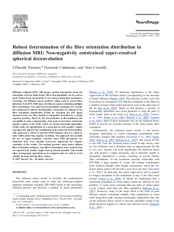 Pdf Robust Determination Of The Fibre Orientation Distribution In Diffusion Mri Non