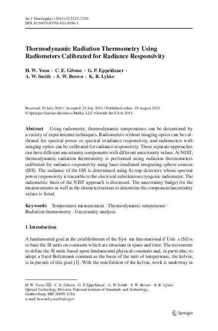 (PDF) Thermodynamic Radiation Thermometry Using Radiometers Calibrated ...