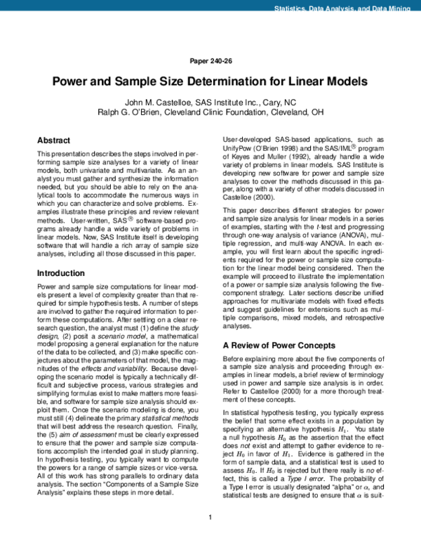 (PDF) Power and Sample Size Determination for Linear Models