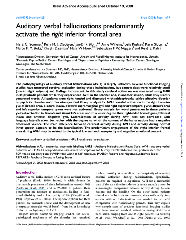 (PDF) Auditory verbal hallucinations predominantly activate the right inferior frontal area