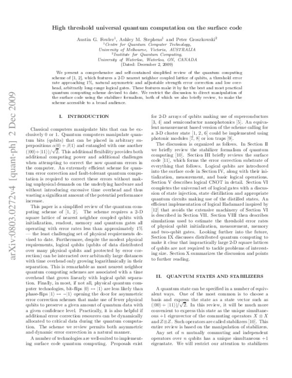 Pdf High Threshold Universal Quantum Computation On The Surface Code