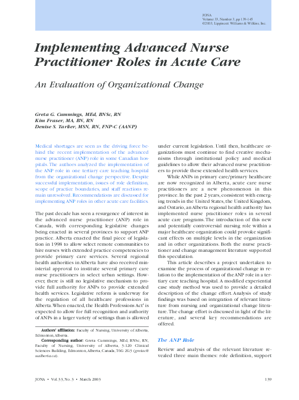 (PDF) Implementing Advanced Nurse Practitioner Roles in Acute Care