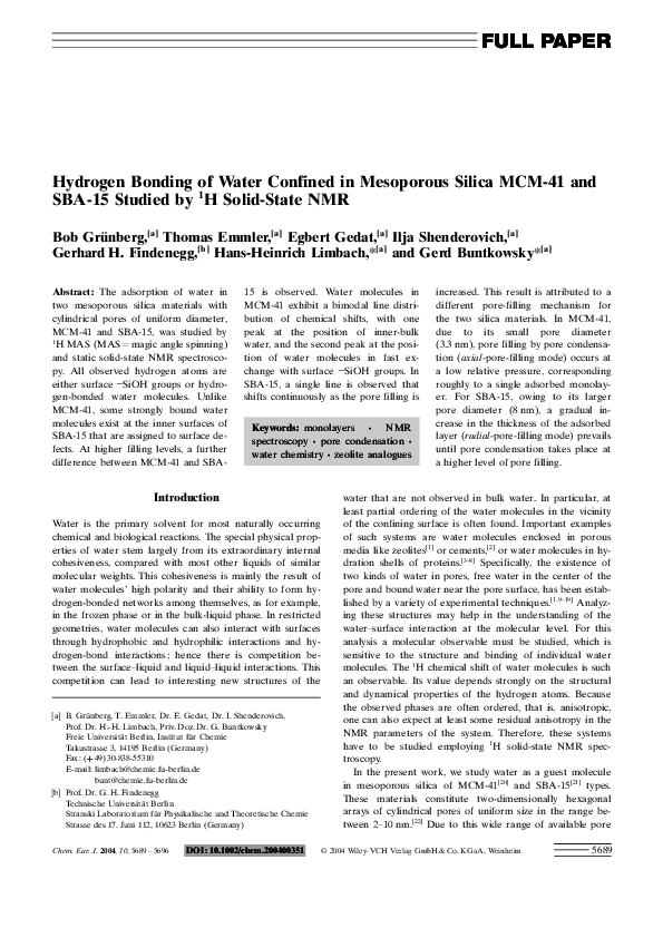 (PDF) Hydrogen bonding of water confined in mesoporous silica MCM-41 ...