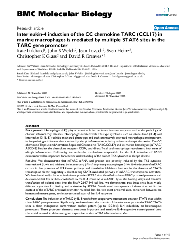 (PDF) Interleukin-4 induction of the CC chemokine TARC (CCL17) in ...
