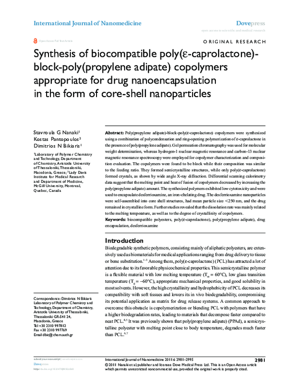 (PDF) Synthesis of biocompatible poly(ε-caprolactone)-block-poly(propylene adipate) copolymers ...