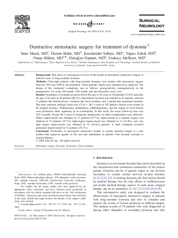 (PDF) Destructive stereotactic surgery for treatment of dystonia