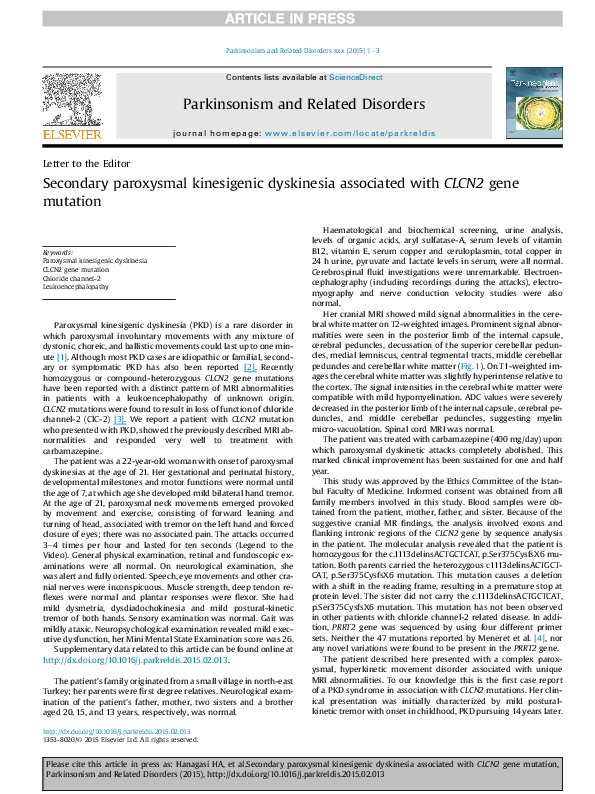 (PDF) Secondary paroxysmal kinesigenic dyskinesia associated with CLCN2 gene mutation