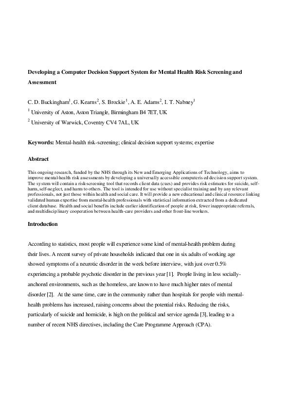 (PDF) Developing a computer decision support system for mental health ...