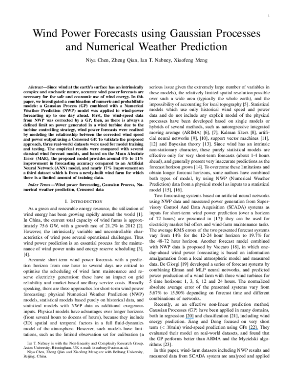 (PDF) Wind Power Forecasts Using Gaussian Processes and Numerical ...