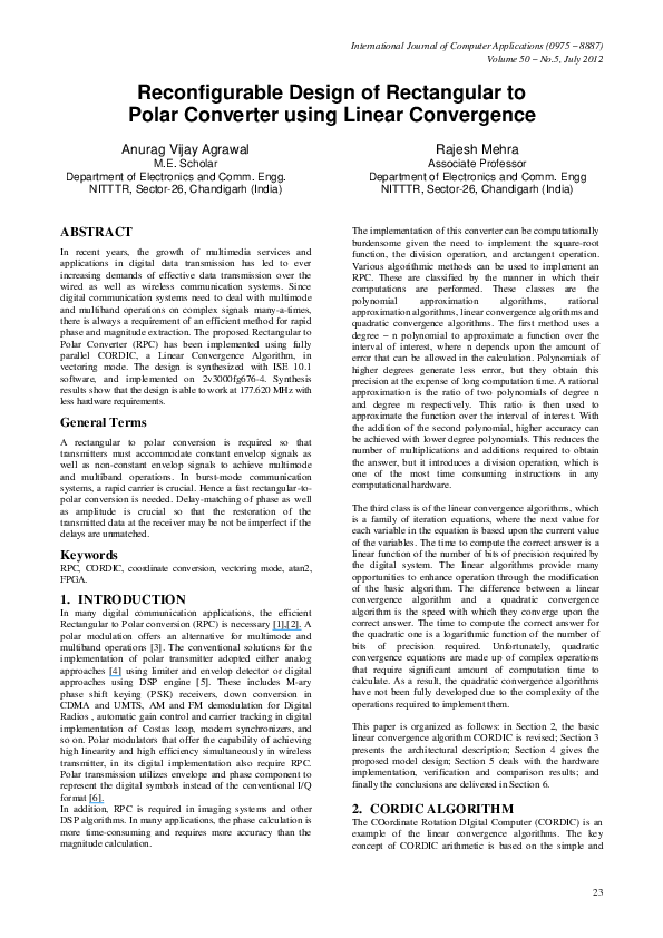 (PDF) Reconfigurable design of rectangular to polar converter using ...