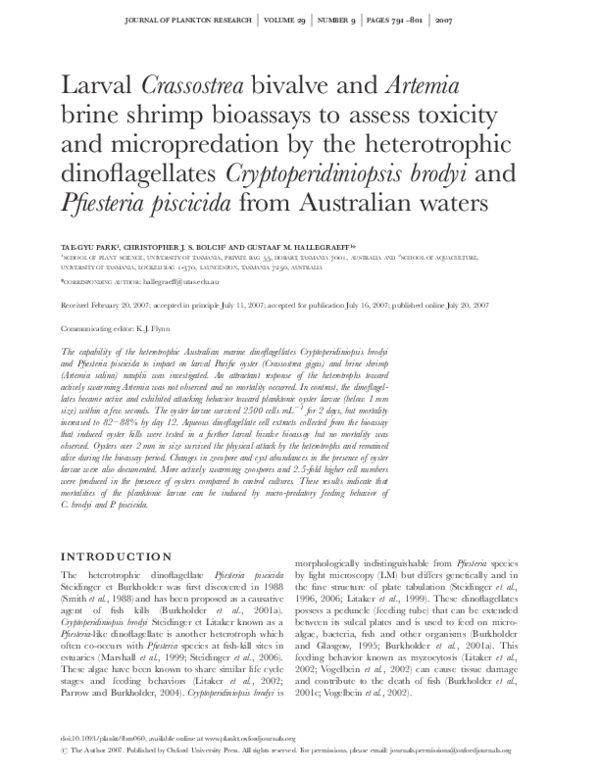 (PDF) Larval Crassostrea bivalve and Artemia brine shrimp bioassays to ...