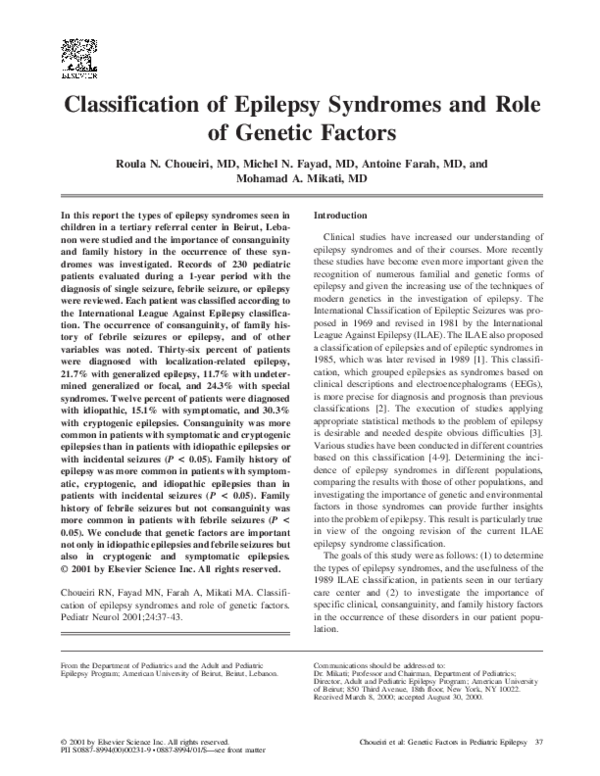 (PDF) Classification of epilepsy syndromes and role of genetic factors
