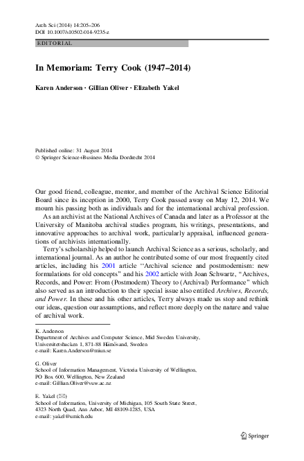 (PDF) In Memoriam: Terry Cook (1947–2014)