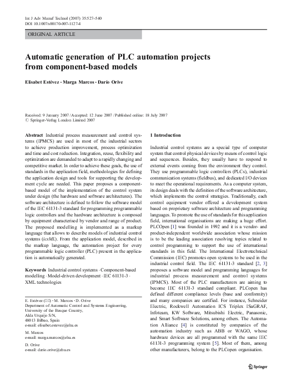 (PDF) Automatic generation of PLC automation projects from component ...