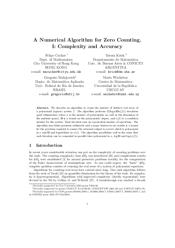 Pdf A Numerical Algorithm For Zero Counting I Complexity And Accuracy Teresa Krick