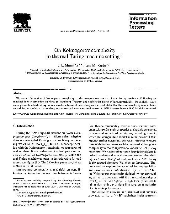 (PDF) On Kolmogorov complexity in the real Turing machine setting