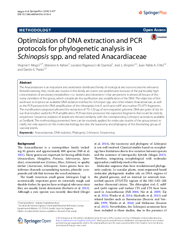 Pdf Optimization Of Dna Extraction And Pcr Protocols For Phylogenetic Analysis In Schinopsis