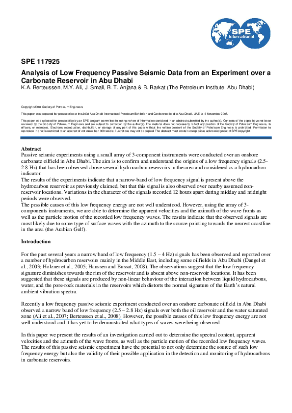 (PDF) Analysis of Low Frequency Passive Seismic Data from an Experiment over a Carbonate ...