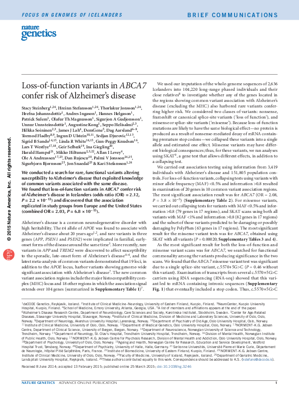 (PDF) Loss-of-function variants in ABCA7 confer risk of Alzheimer's disease