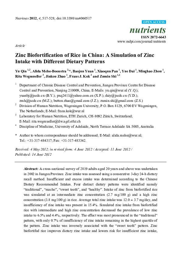 (PDF) Zinc Biofortification of Rice in China: A Simulation of Zinc ...