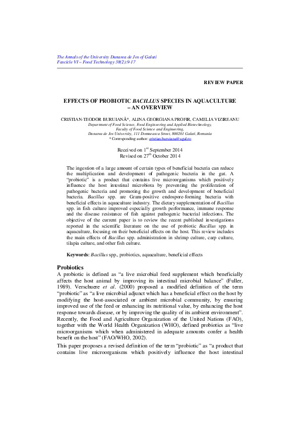 (PDF) Effects of Probiotic Bacillus Species in Aquaculture – an Overview